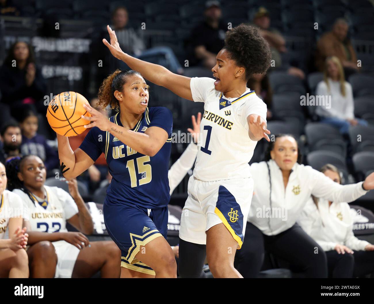 UC Davis guard Evanne Turner (15) defends the ball from UC Irvine guard ...