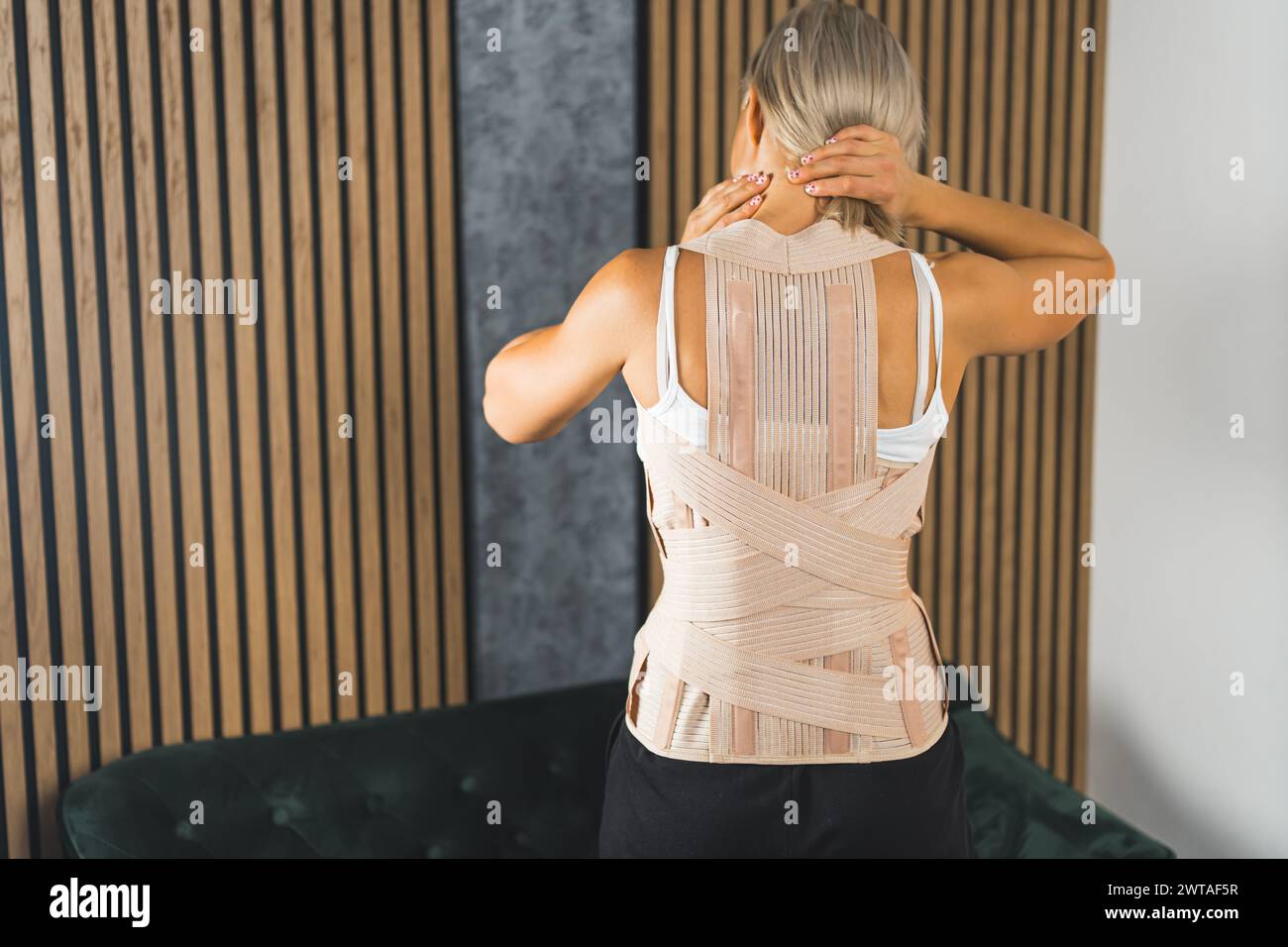 Orthopedic lumbar corset on the human body. Back brace, waist support ...