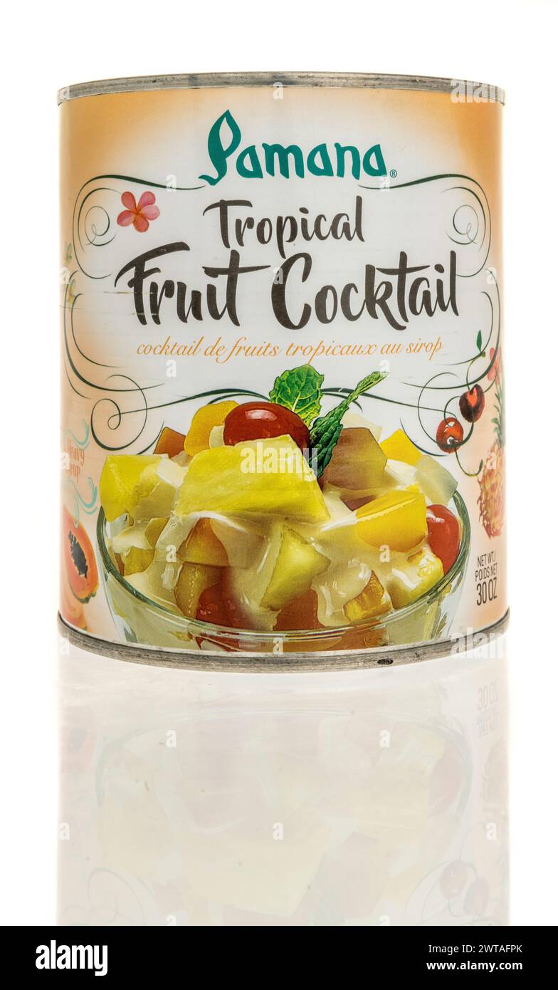 Winneconne, WI - 9 March 2024: A can of Pamana tropical fruit cocktail ...