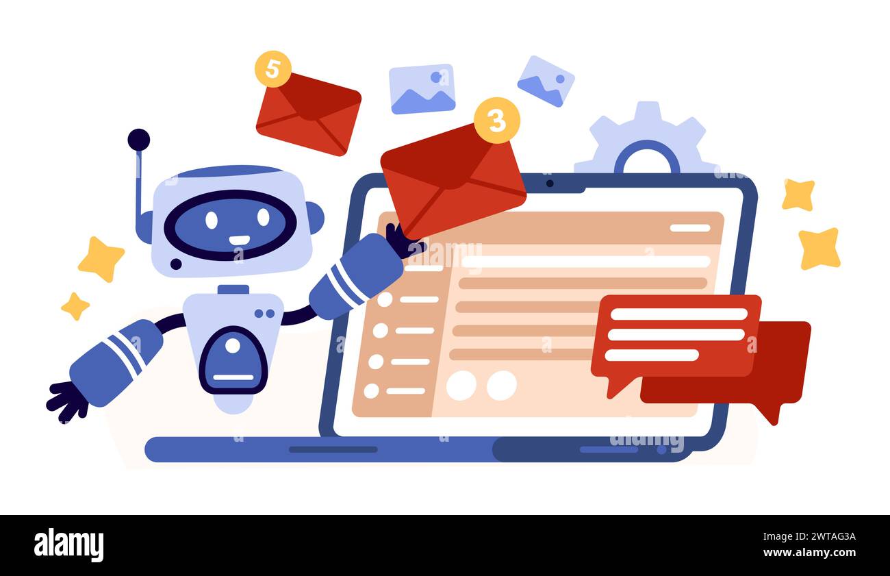 Email notification with AI service. Robot with electronic envelope of ...