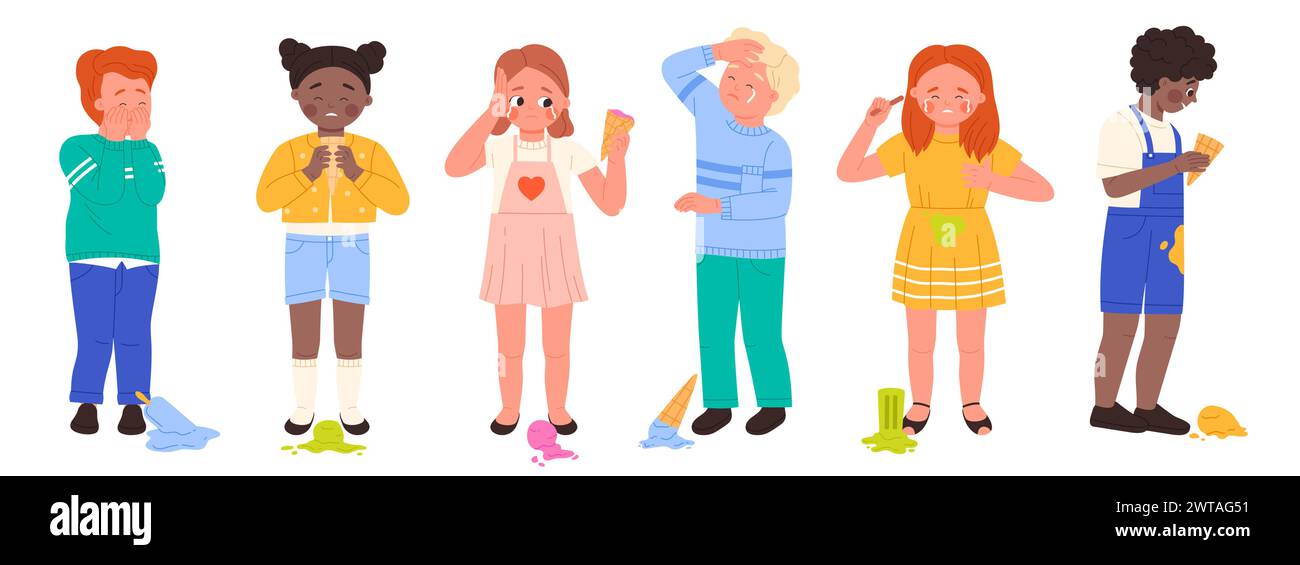 Kids upset about fallen ice cream set. Cute unhappy boys and girls ...