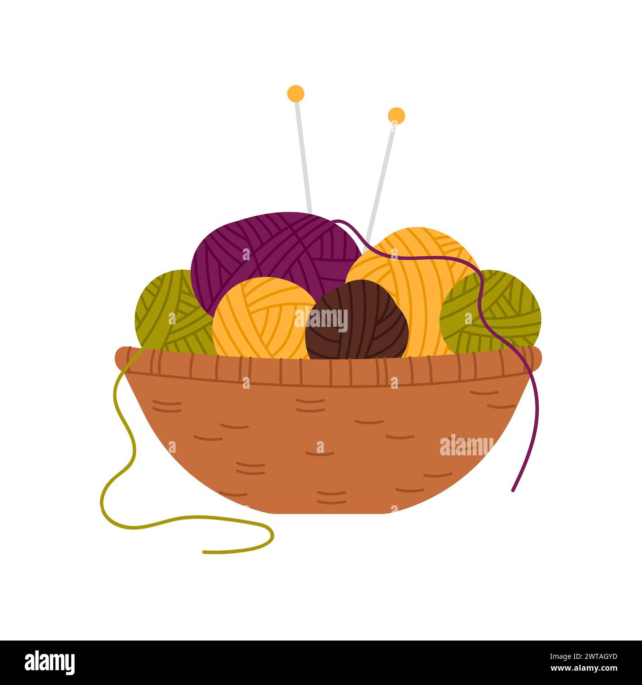 Handcraft basket with knitting. Yarn basket, handmade hobby, handicraft ...