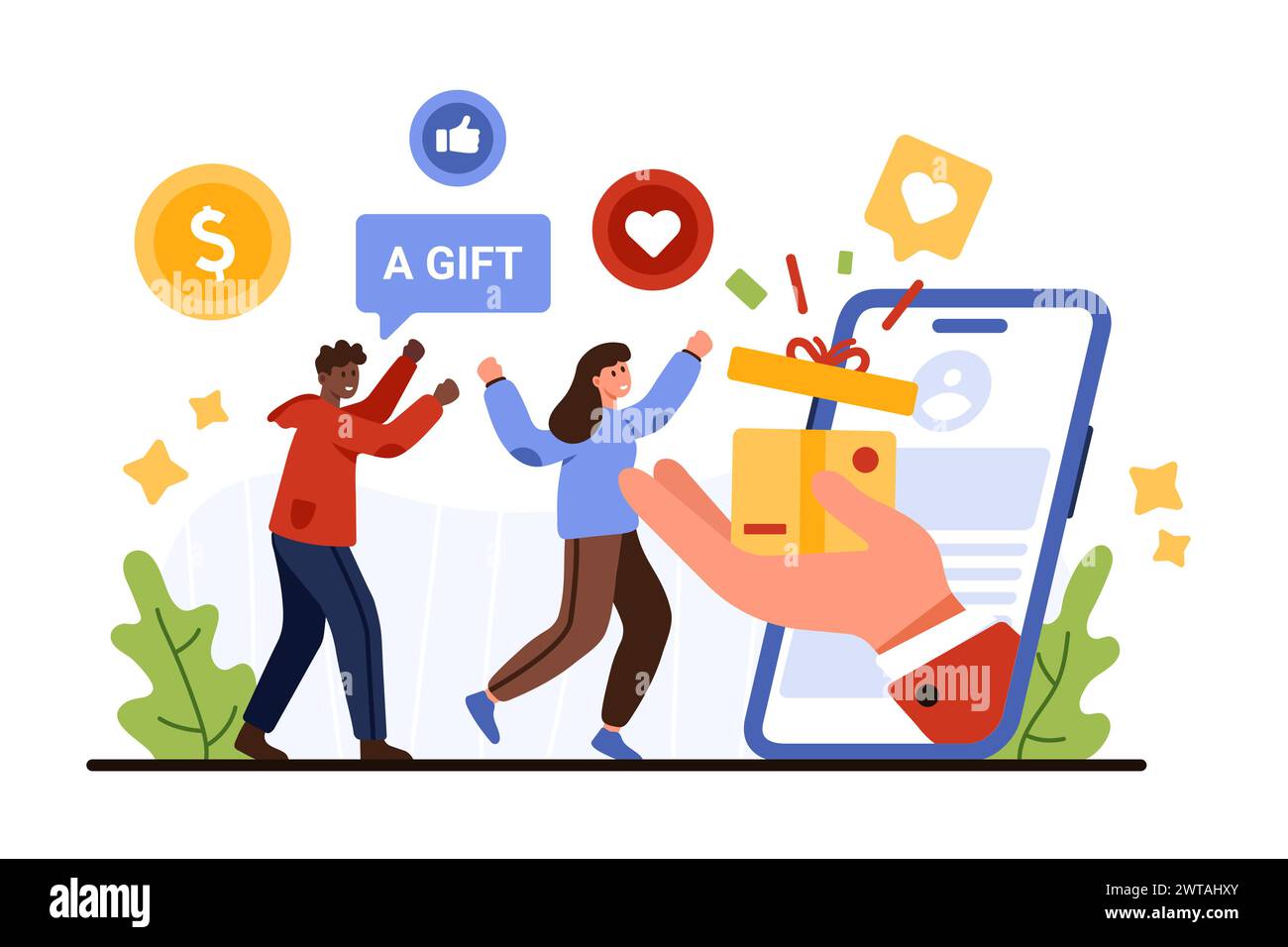 Loyalty program bonuses, giveaway. Hand giving gift box to happy tiny ...