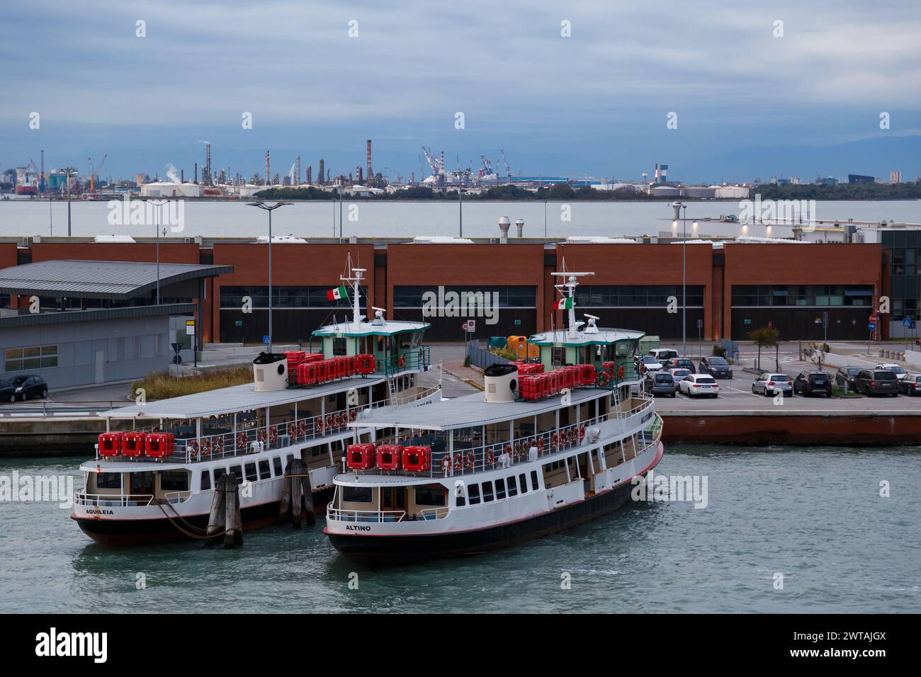 Venice, Italy - October, 6 2019: Two small passenger ships docked in ...