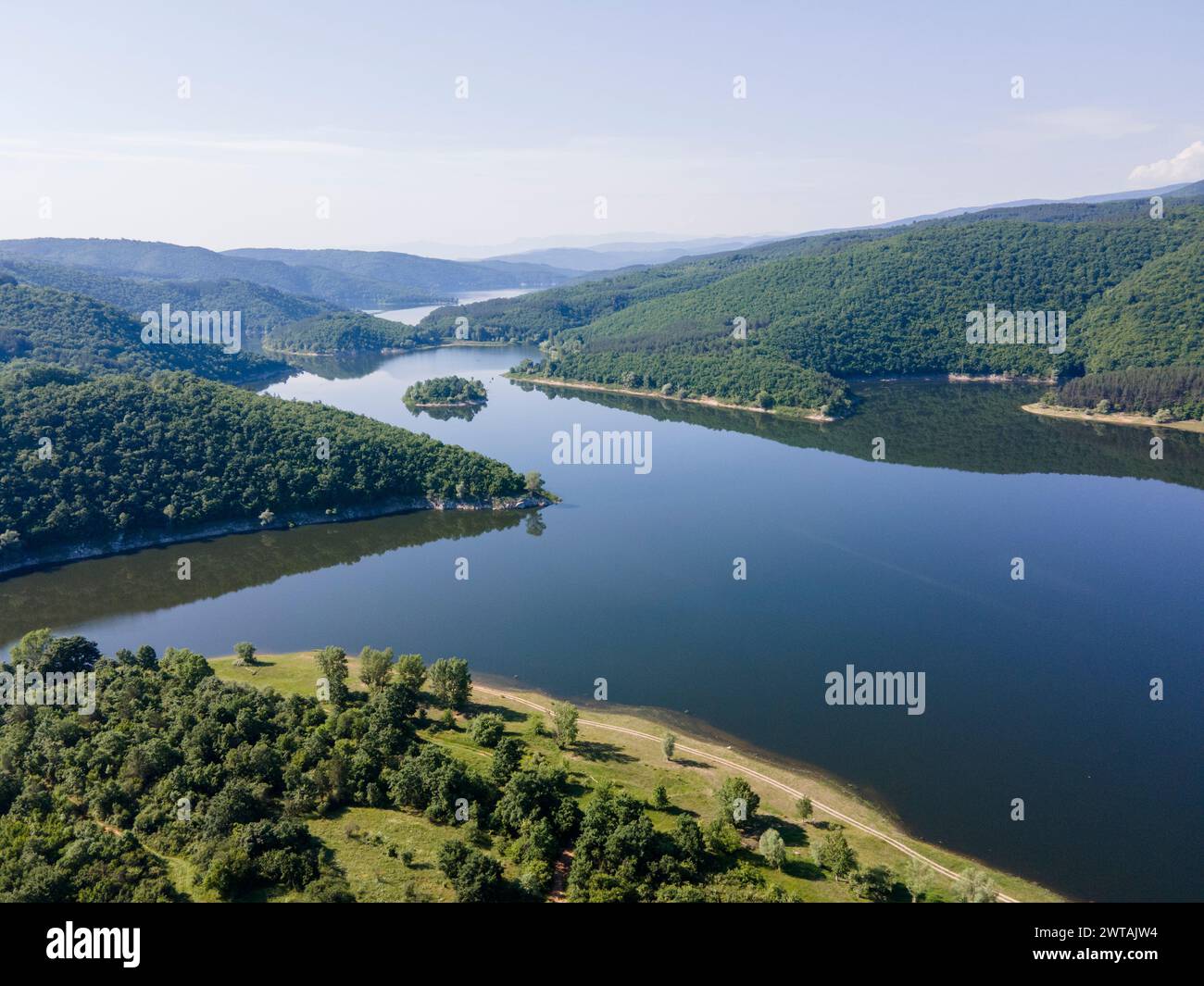 Aerial spring view of Topolnitsa Reservoir, Sredna Gora Mountain ...