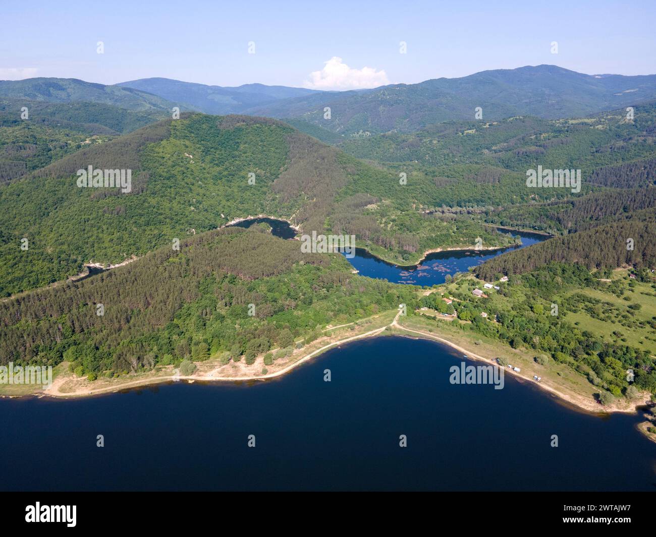 Aerial spring view of Topolnitsa Reservoir, Sredna Gora Mountain ...