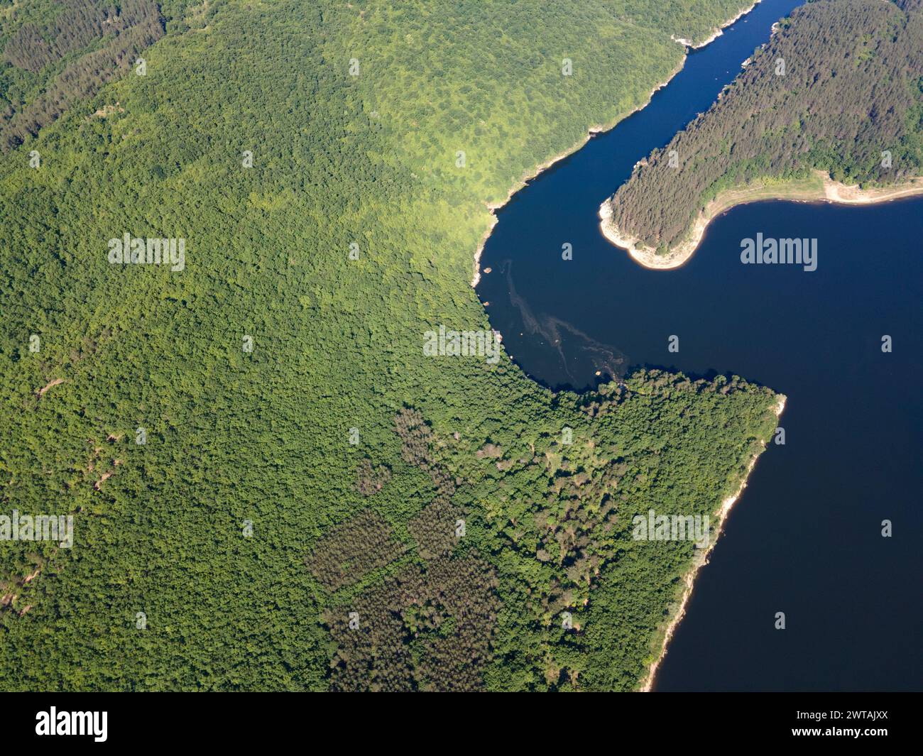Aerial spring view of Topolnitsa Reservoir, Sredna Gora Mountain ...