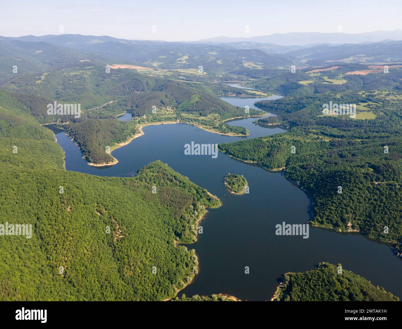 Aerial spring view of Topolnitsa Reservoir, Sredna Gora Mountain ...