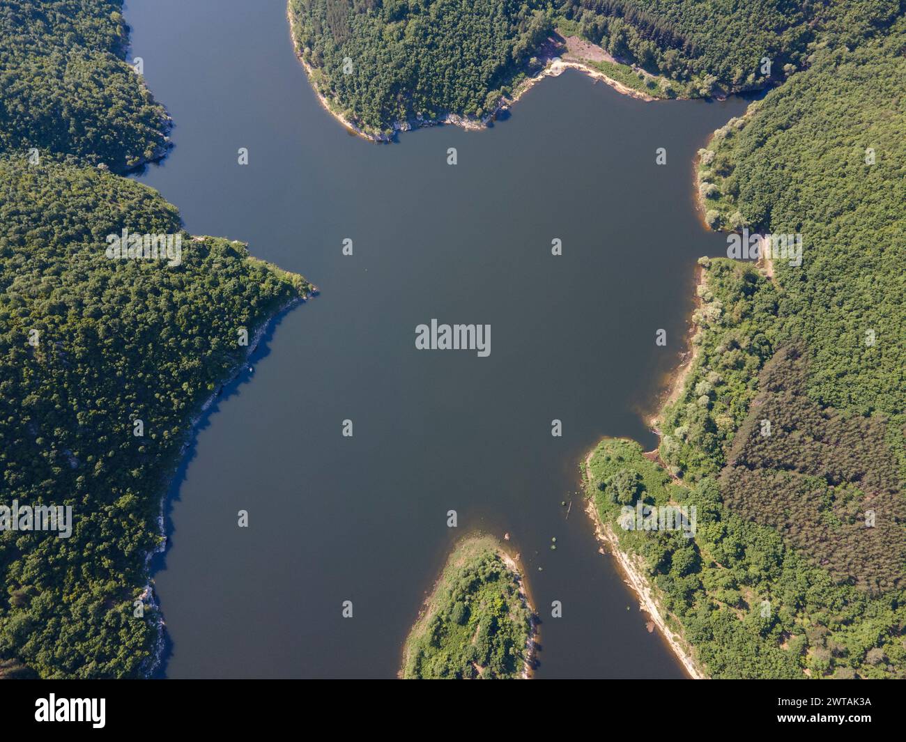 Aerial spring view of Topolnitsa Reservoir, Sredna Gora Mountain ...