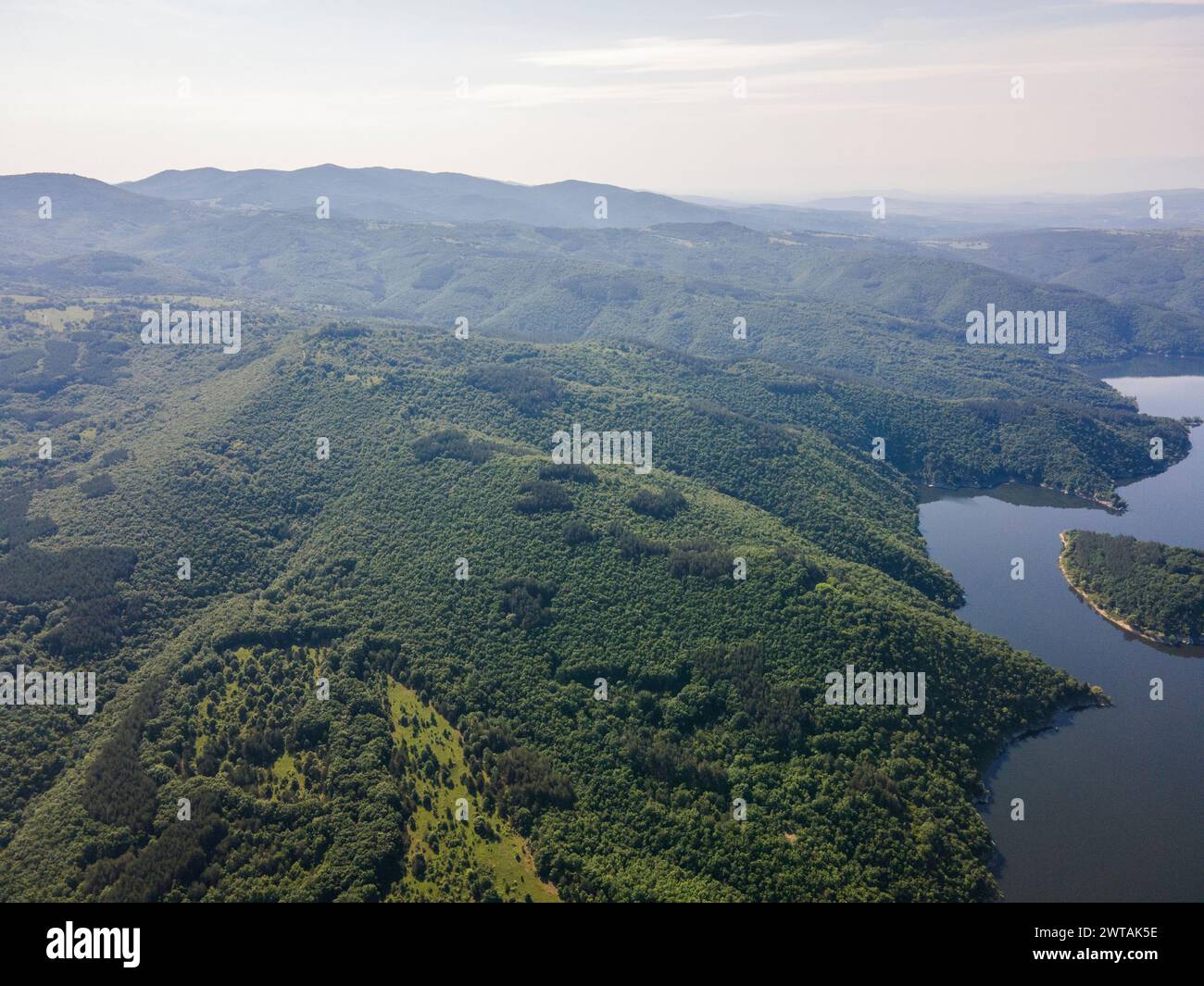 Aerial spring view of Topolnitsa Reservoir, Sredna Gora Mountain ...