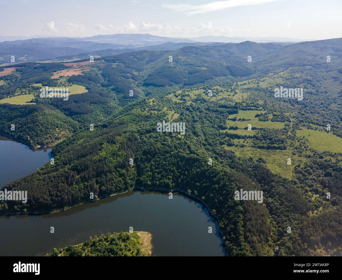 Aerial spring view of Topolnitsa Reservoir, Sredna Gora Mountain ...