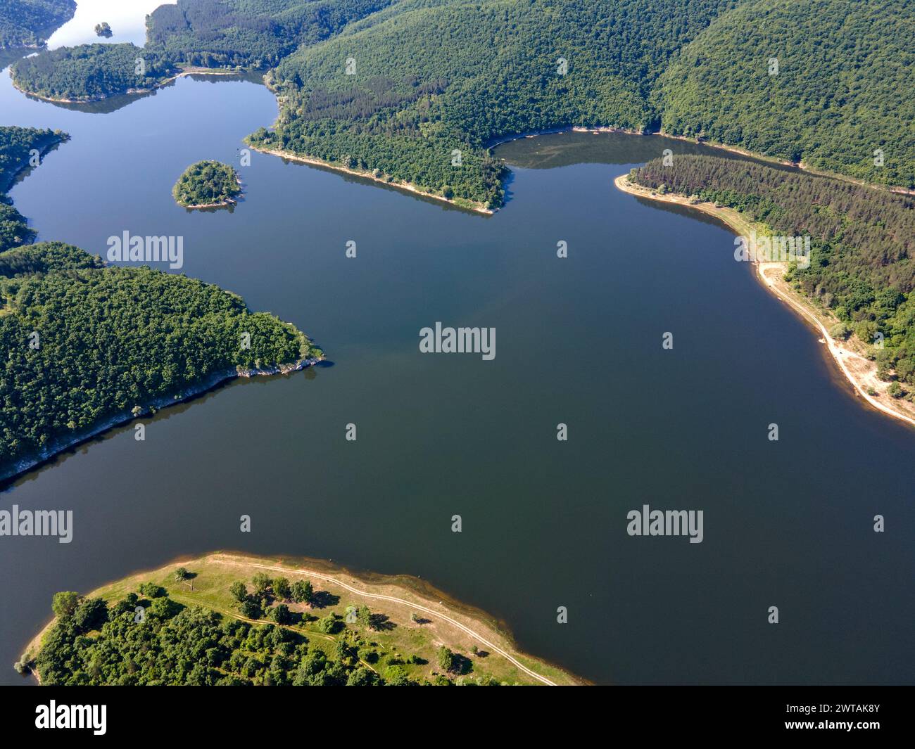 Aerial spring view of Topolnitsa Reservoir, Sredna Gora Mountain ...