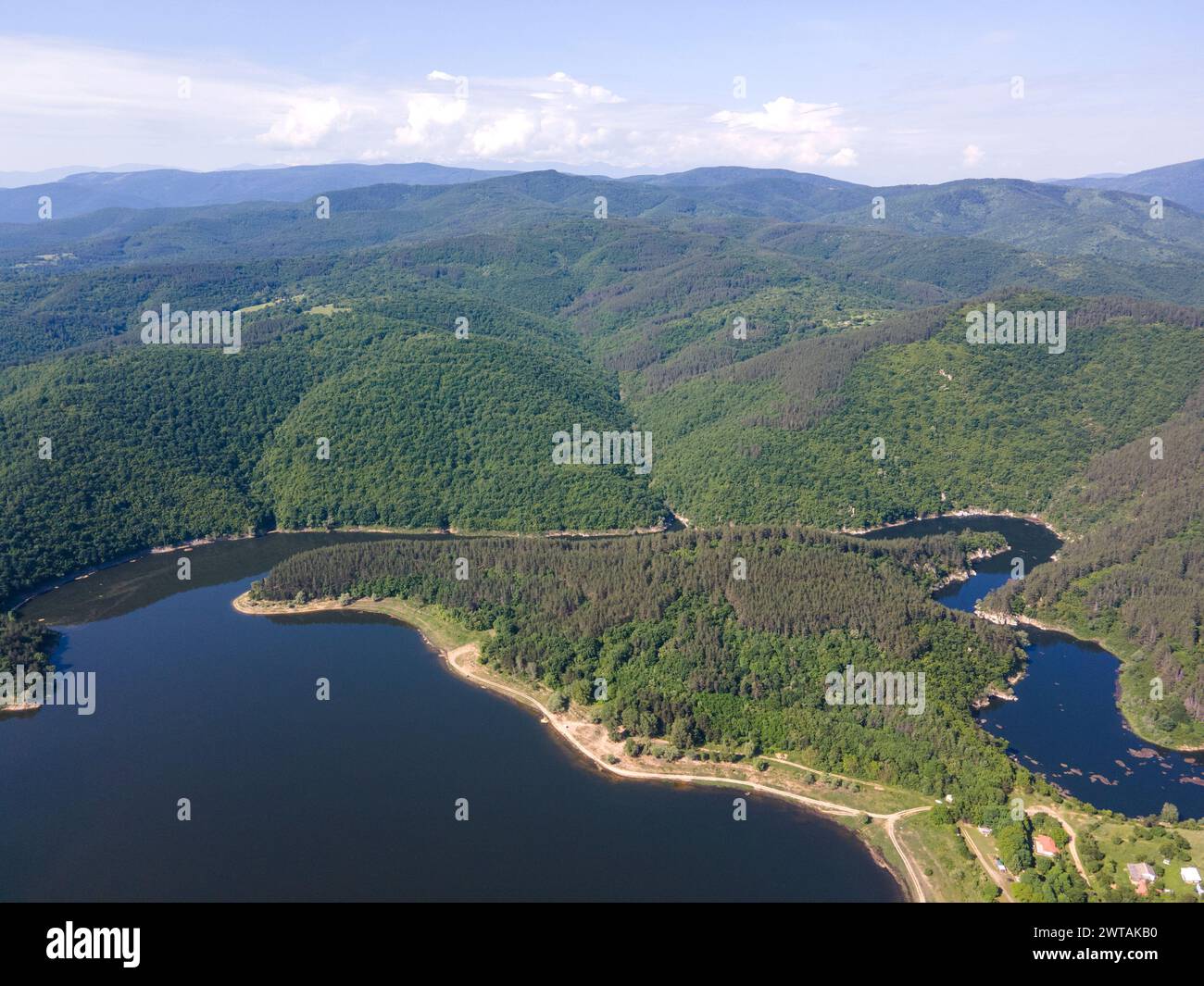 Aerial spring view of Topolnitsa Reservoir, Sredna Gora Mountain ...
