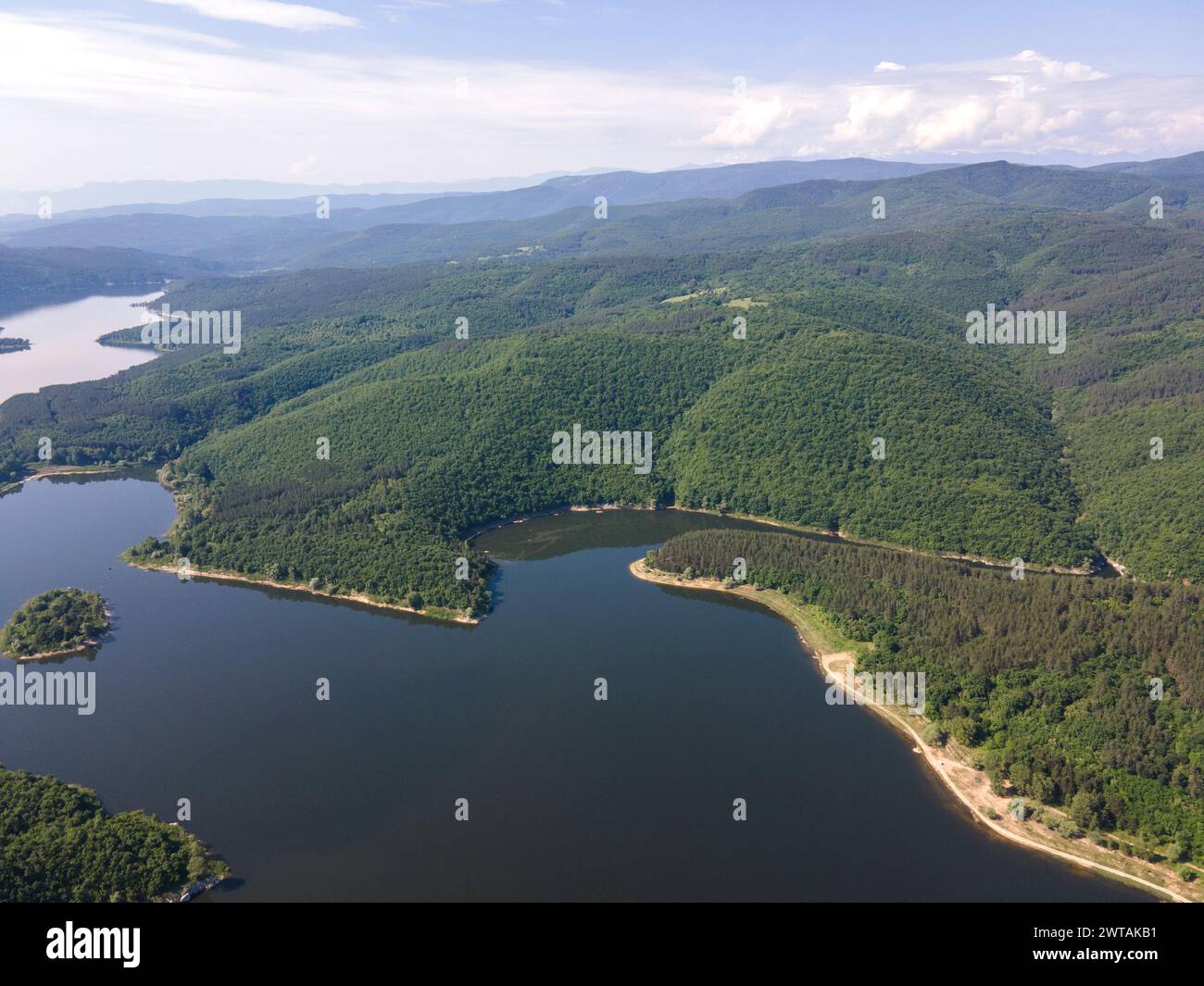 Aerial spring view of Topolnitsa Reservoir, Sredna Gora Mountain ...