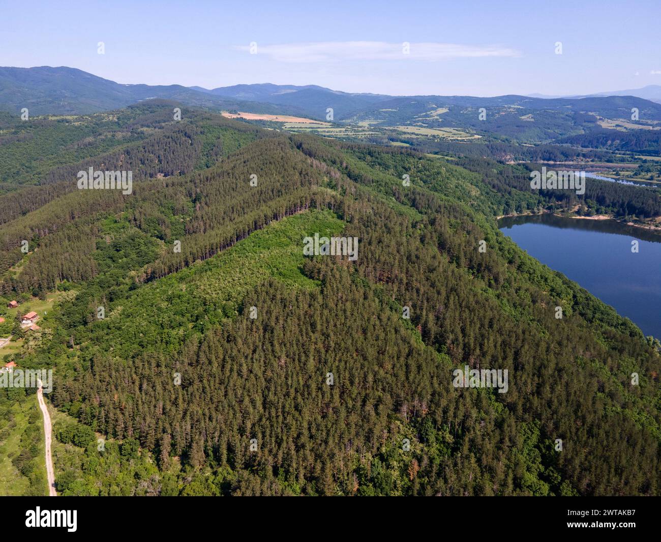Aerial spring view of Topolnitsa Reservoir, Sredna Gora Mountain ...