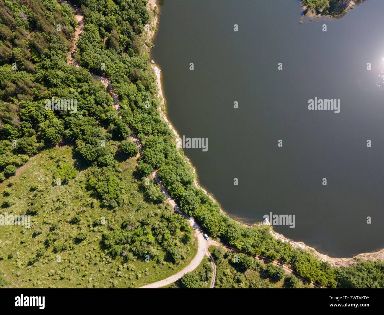 Aerial spring view of Topolnitsa Reservoir, Sredna Gora Mountain ...