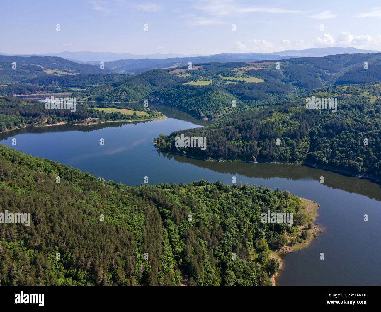 Aerial spring view of Topolnitsa Reservoir, Sredna Gora Mountain ...