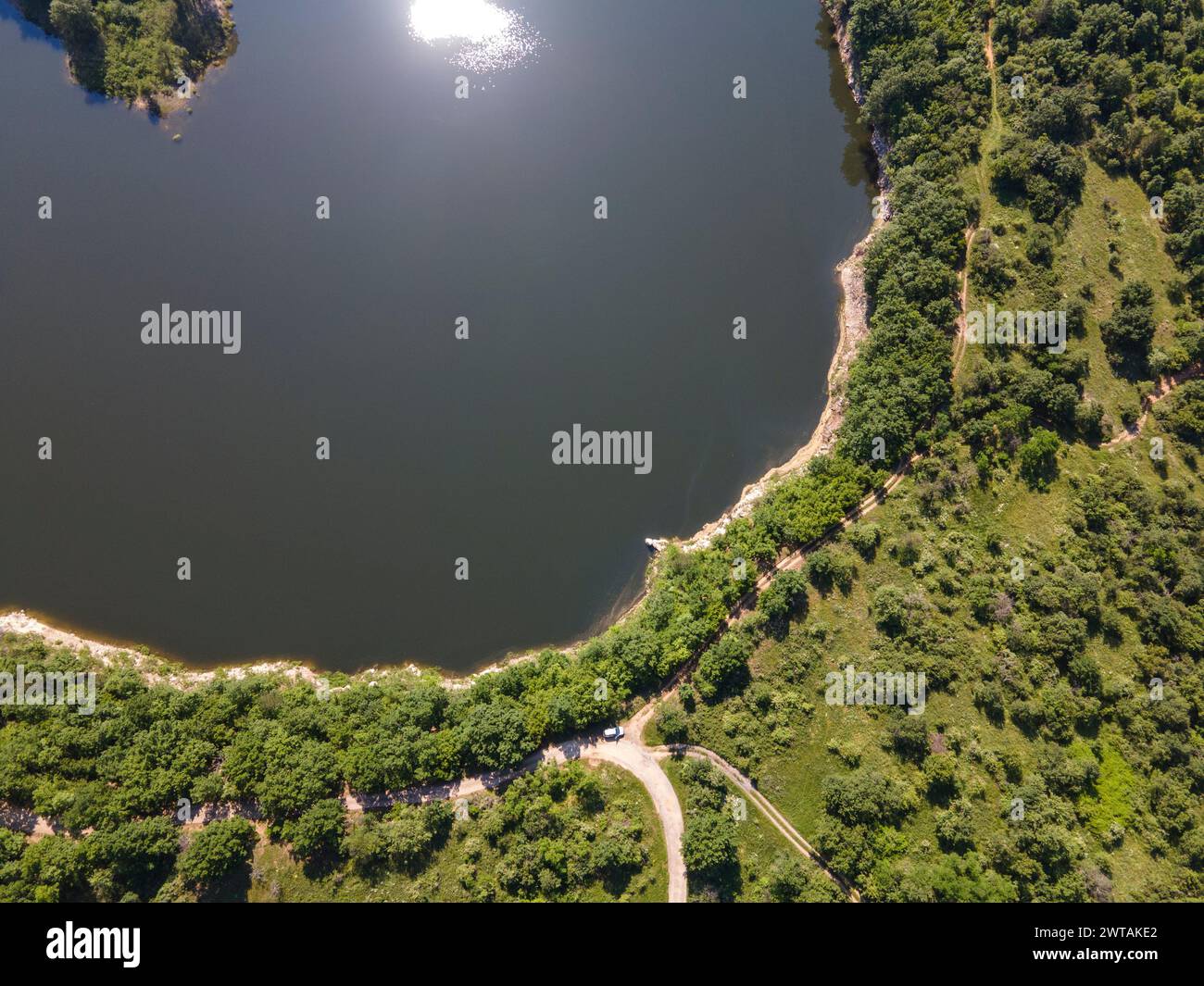 Aerial spring view of Topolnitsa Reservoir, Sredna Gora Mountain ...