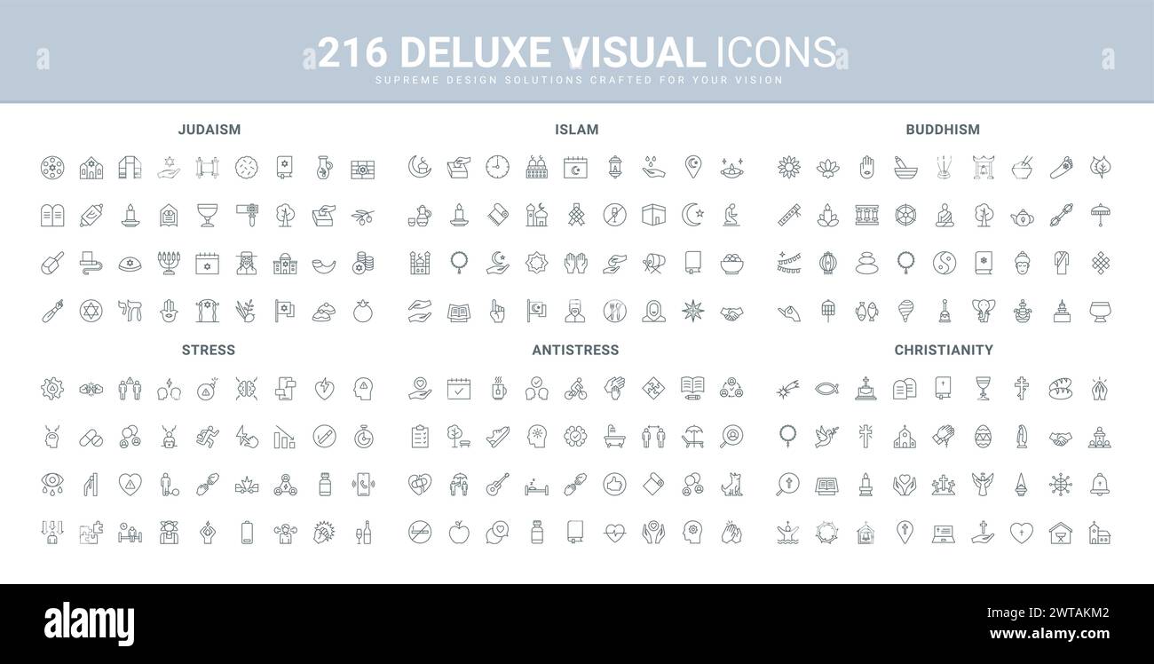 Religion of world, mental health and stress management line icons set ...