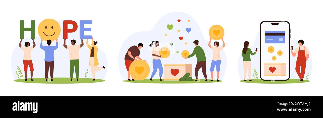 Charity campaign, donation, humanitarian aid from community set. Tiny ...