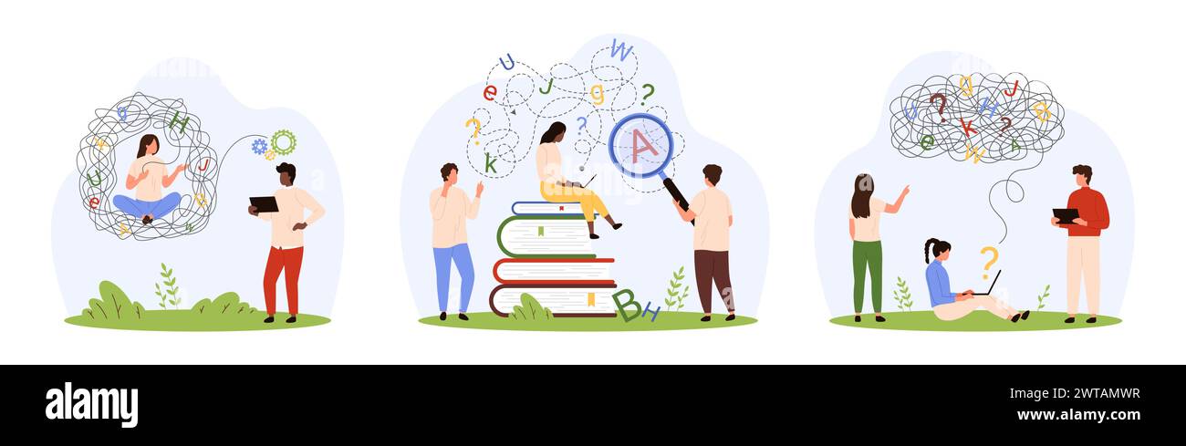 Difficulty in writing and reading, dyslexia brain disorder set. Tiny ...