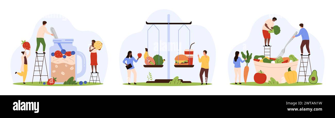 Vitamin nutrition and diet for body health set. Tiny people compare ...