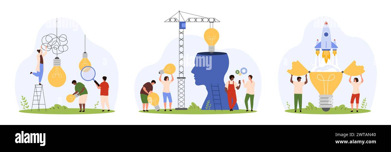 New idea and innovation set. Tiny people launch rocket from open light bulb, put electric lamp ...