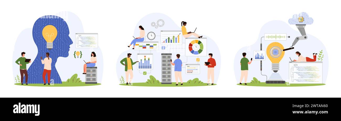 Digital project development and analysis, data optimization set. Tiny people monitor charts on ...