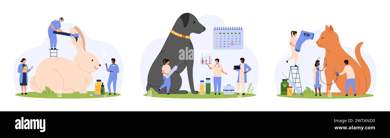 Veterinary examination set. Tiny people check rabbits ears with ...