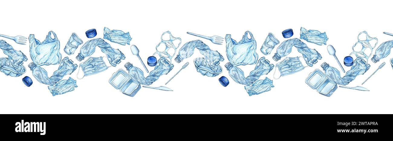 Watercolor illustration pattern of plastic waste pollution. Plastic ...