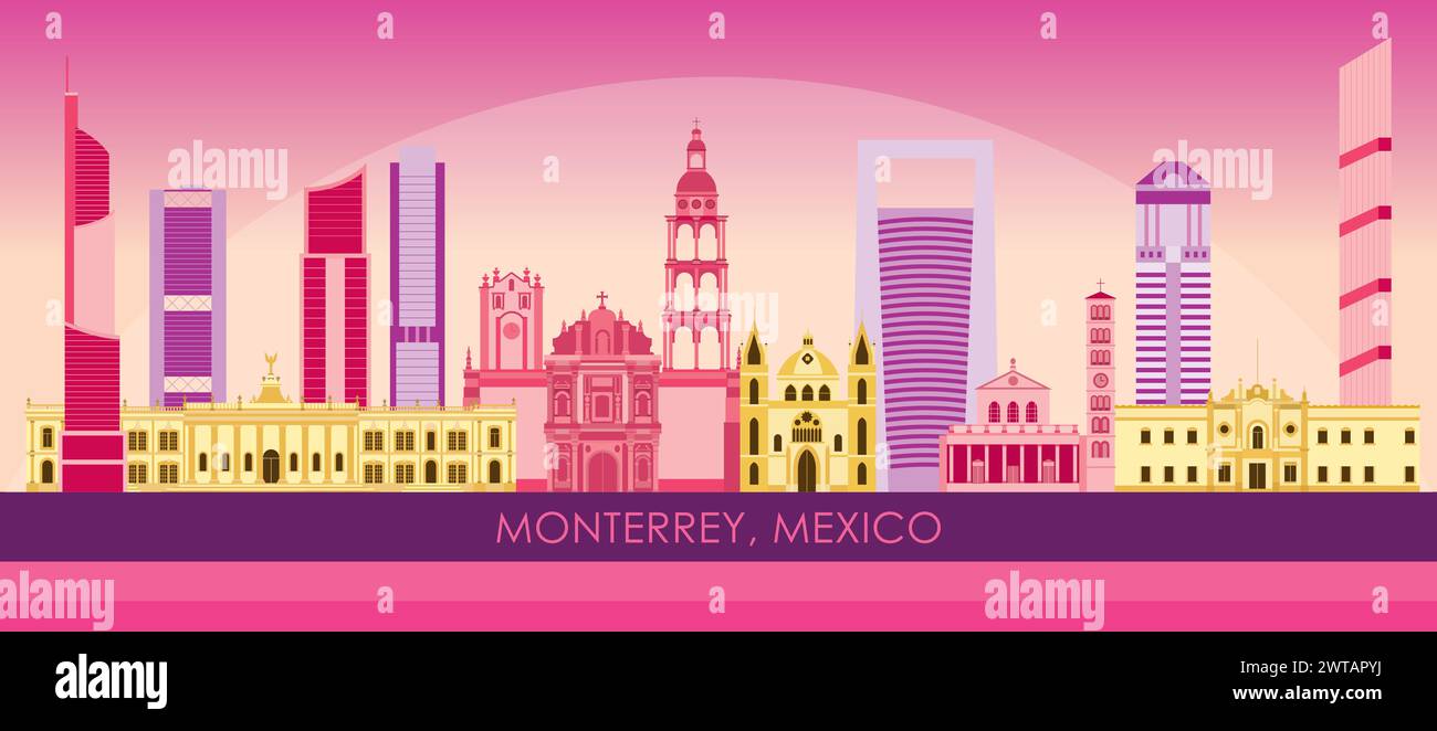 Sunset Skyline panorama of city of Monterrey, Mexico - vector ...