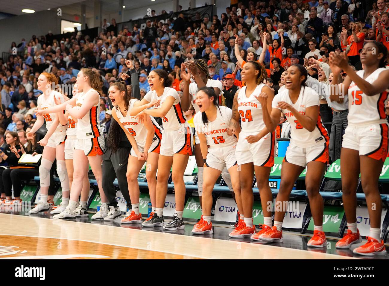 NEW YORK, NY - MARCH 16: The Princeton Tigers bench reacts to a play on ...