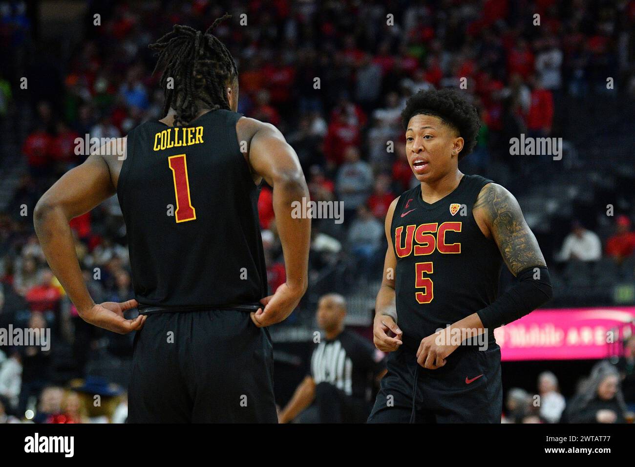 LAS VEGAS, NV - MARCH 14: USC Trojans guard Boogie Ellis (5) talks with ...