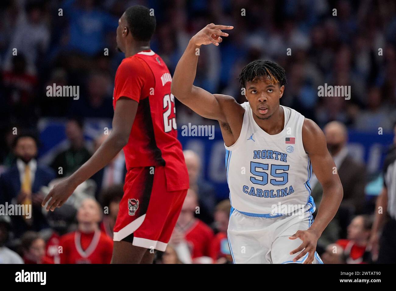 North Carolina forward Harrison Ingram (55) after hitting a three-point ...