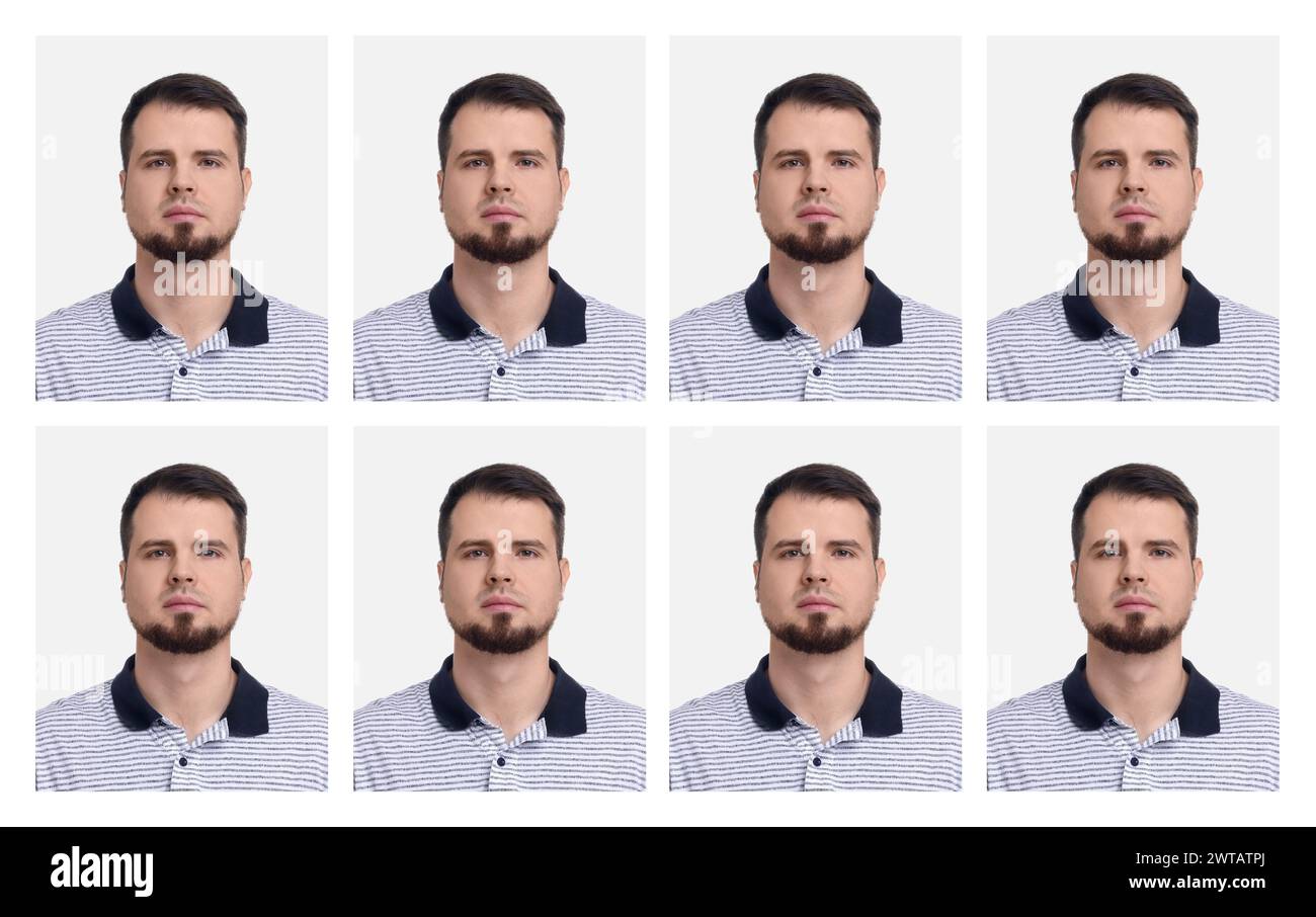 Passport photo, collage. Man on white background, set of photos Stock ...