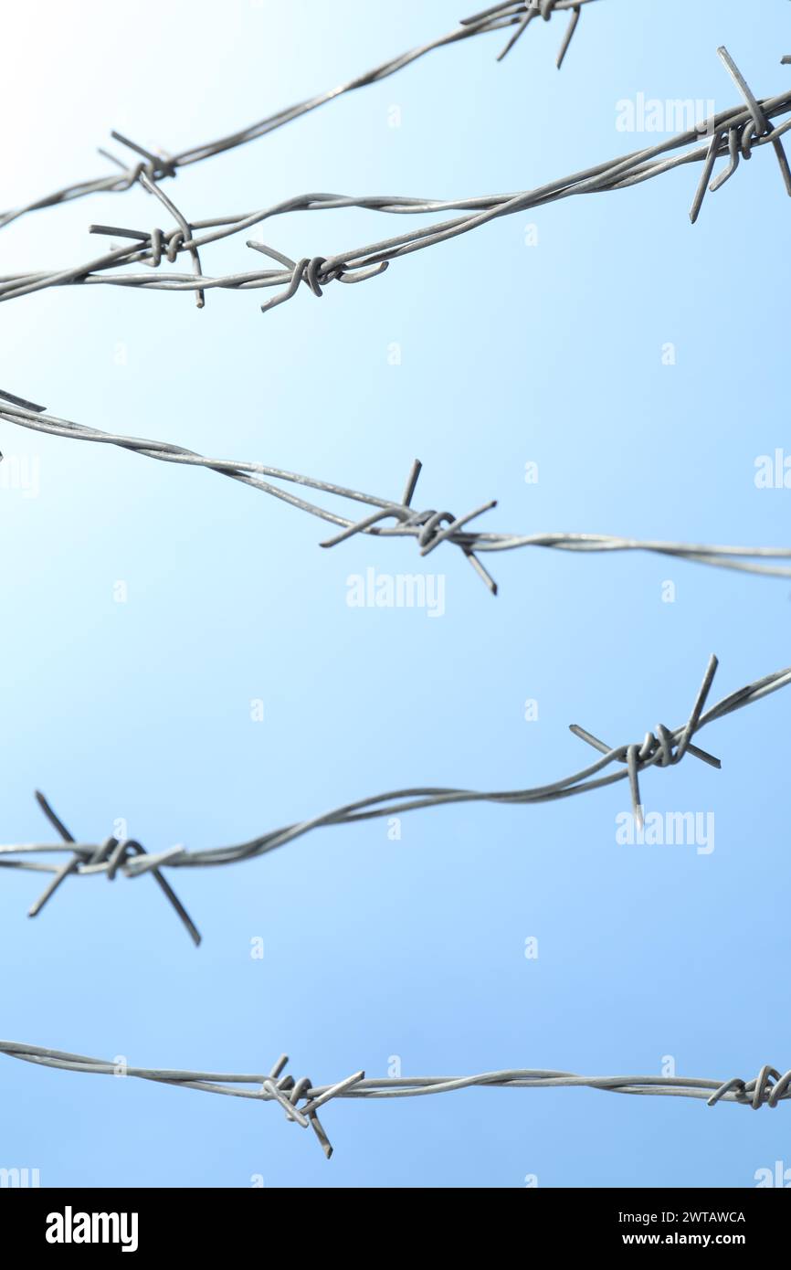 Metal barbed wire on light blue background Stock Photo - Alamy