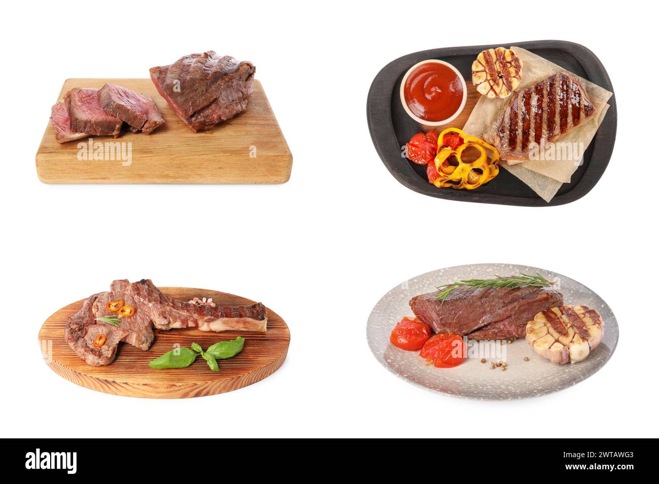 Delicious fried beef meat, vegetables and spices isolated on white, set ...