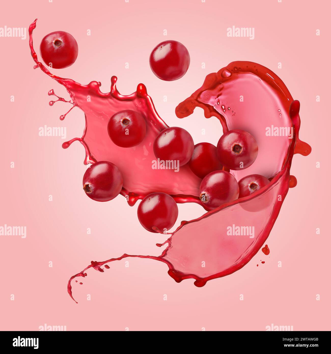 Delicious ripe cranberries and splashing juice in air on pale red ...