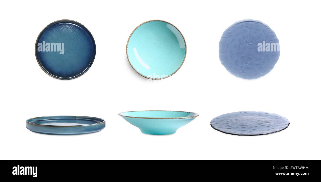 Clean ceramic plates isolated on white, top and side views Stock Photo ...