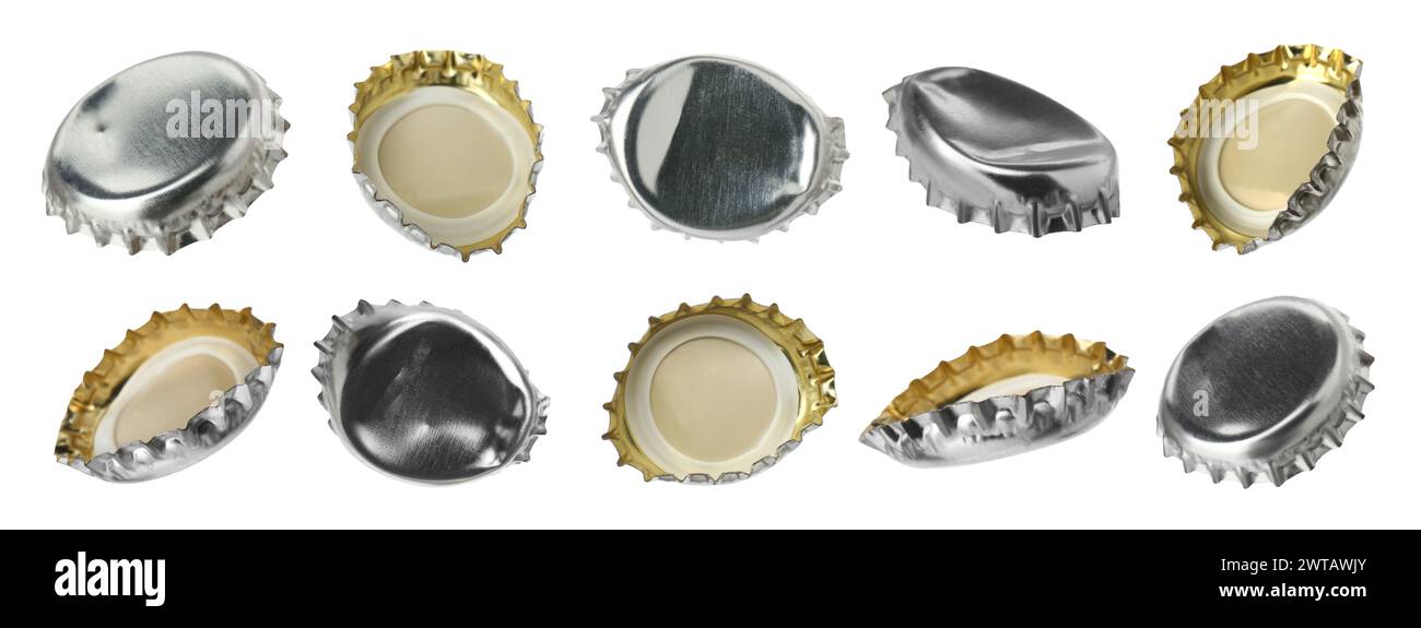 Silver beer bottle caps isolated on white, set Stock Photo - Alamy