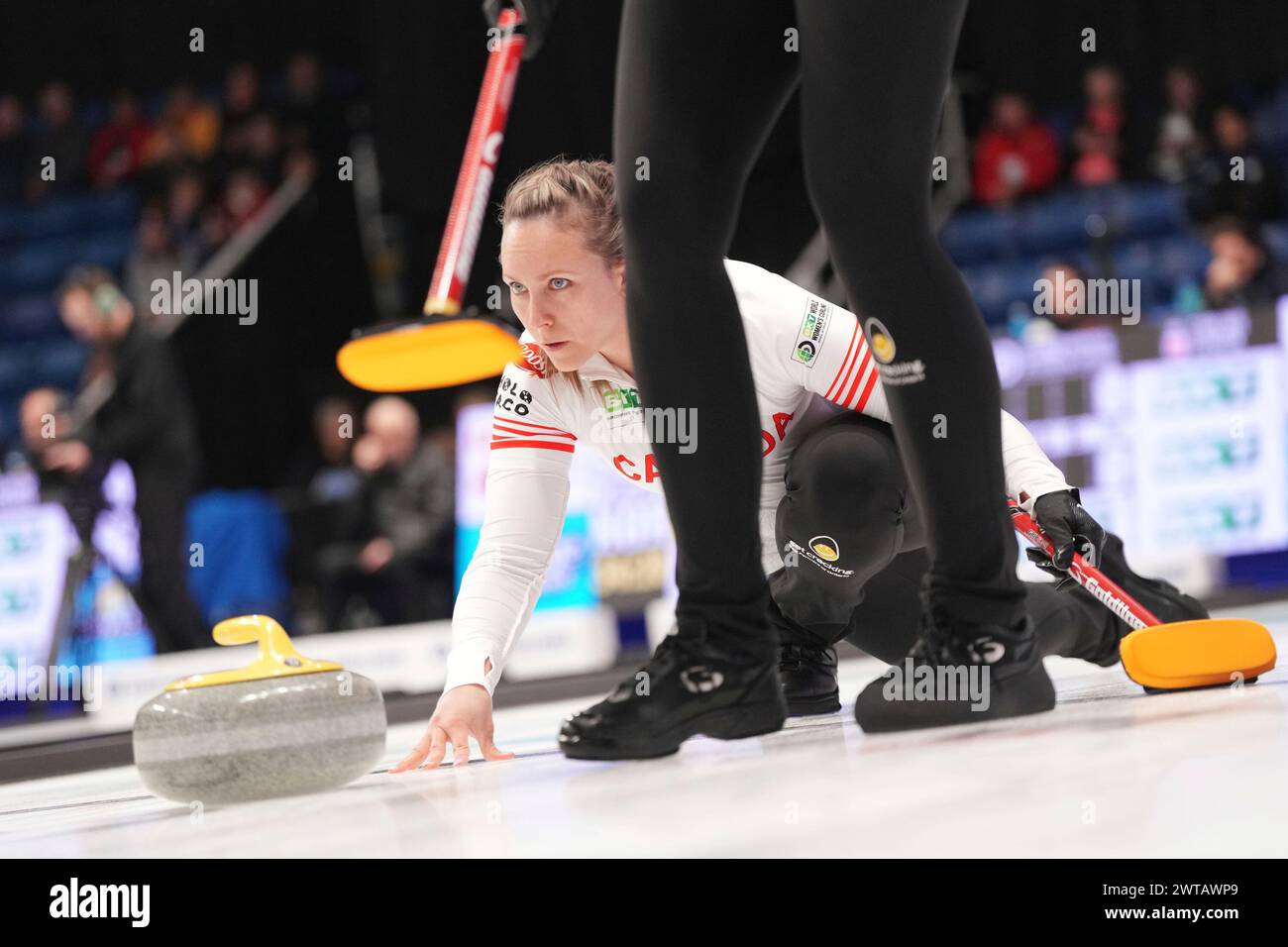Canada skip Rachel Homan delivers a rock against Denmark during a women ...