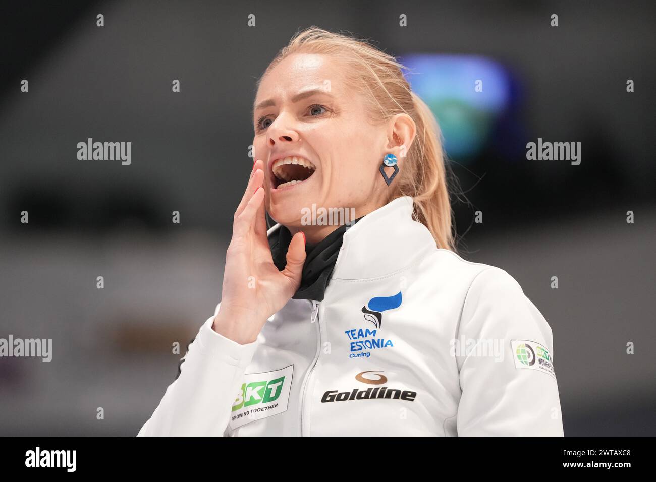 Sydney, Canada. 16th Mar, 2024. Estonia's skip Liisa Turmann yells ...