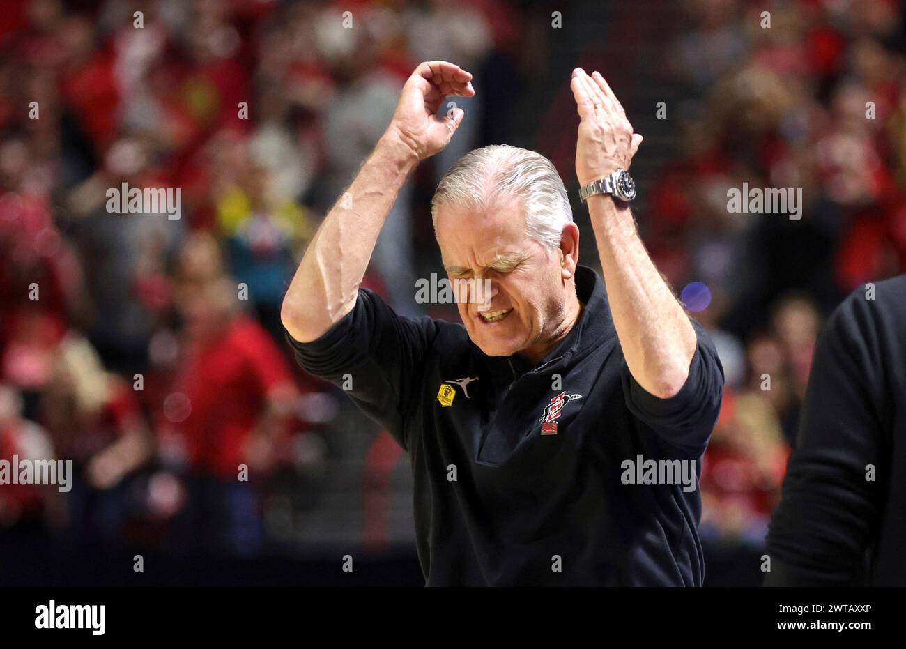 San Diego State head coach Brian Dutcher reacts after a play during the ...