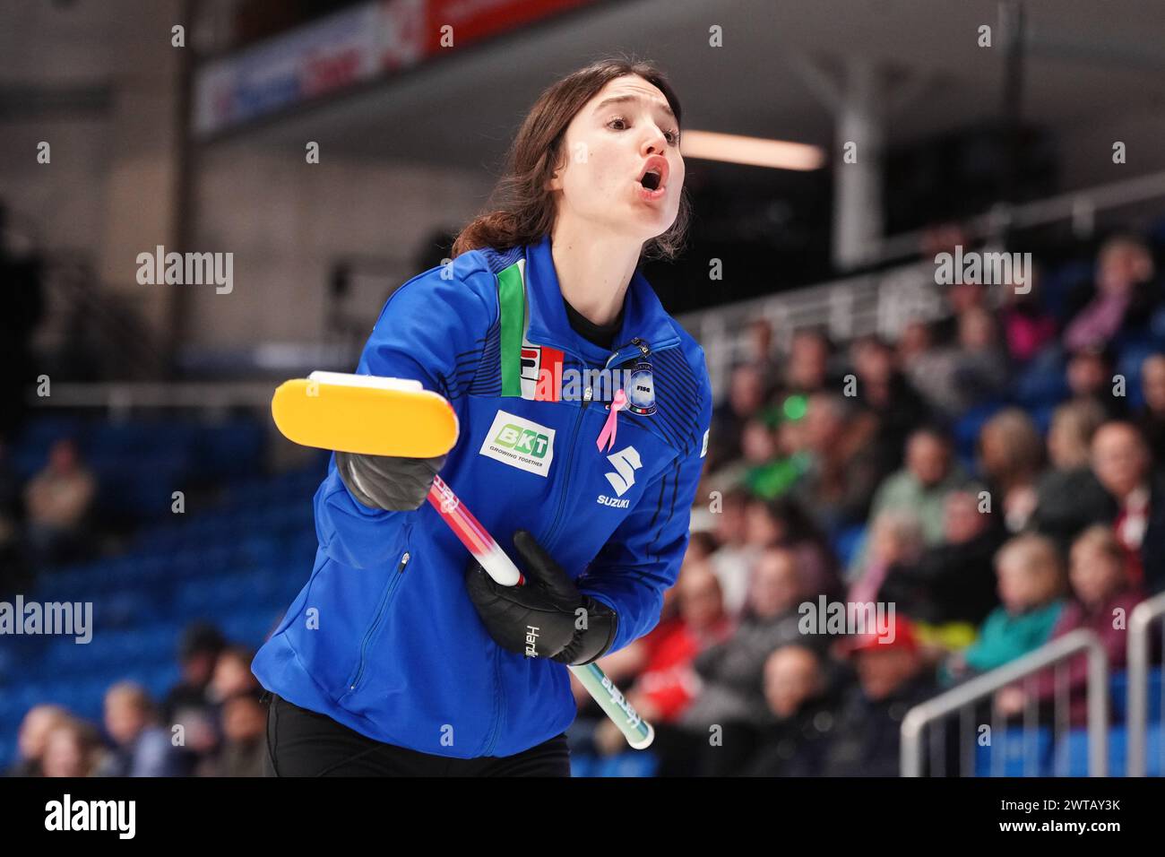 Sydney, Canada. 16th Mar, 2024. Italy's skip Stefania Constantini yells ...