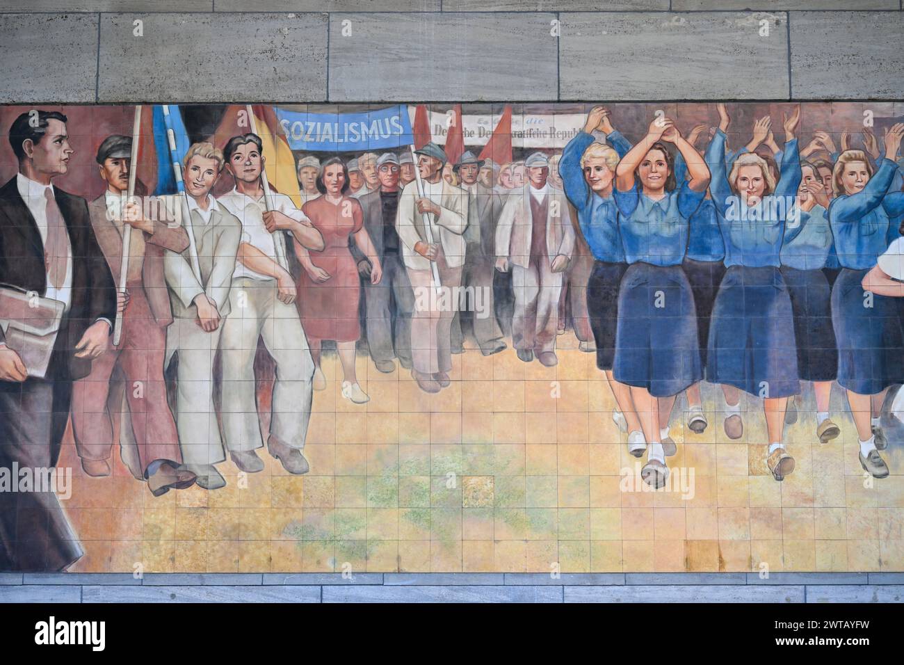 Berlin, Germany - Jul 2, 2023: Mural painting "Building of the republic ...
