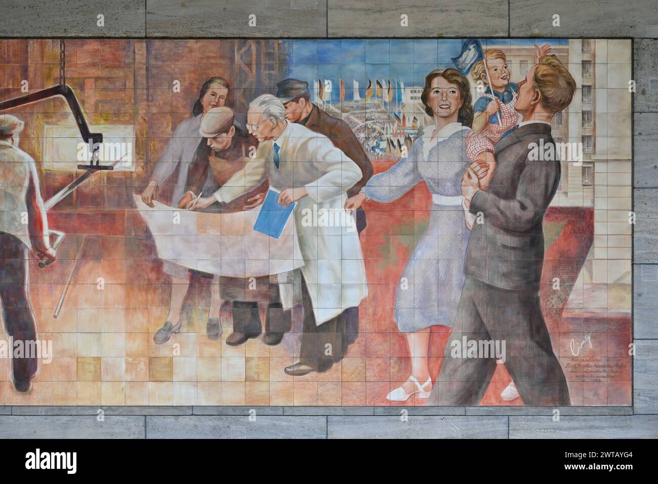 Berlin, Germany - Jul 2, 2023: Mural painting "Building of the republic ...