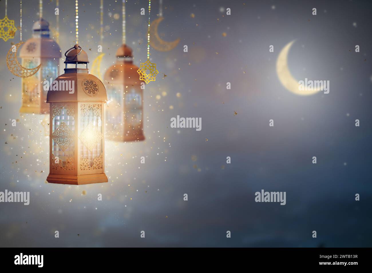 Ramadan Kareem greeting. Islamic lantern near mosque with night sky ...