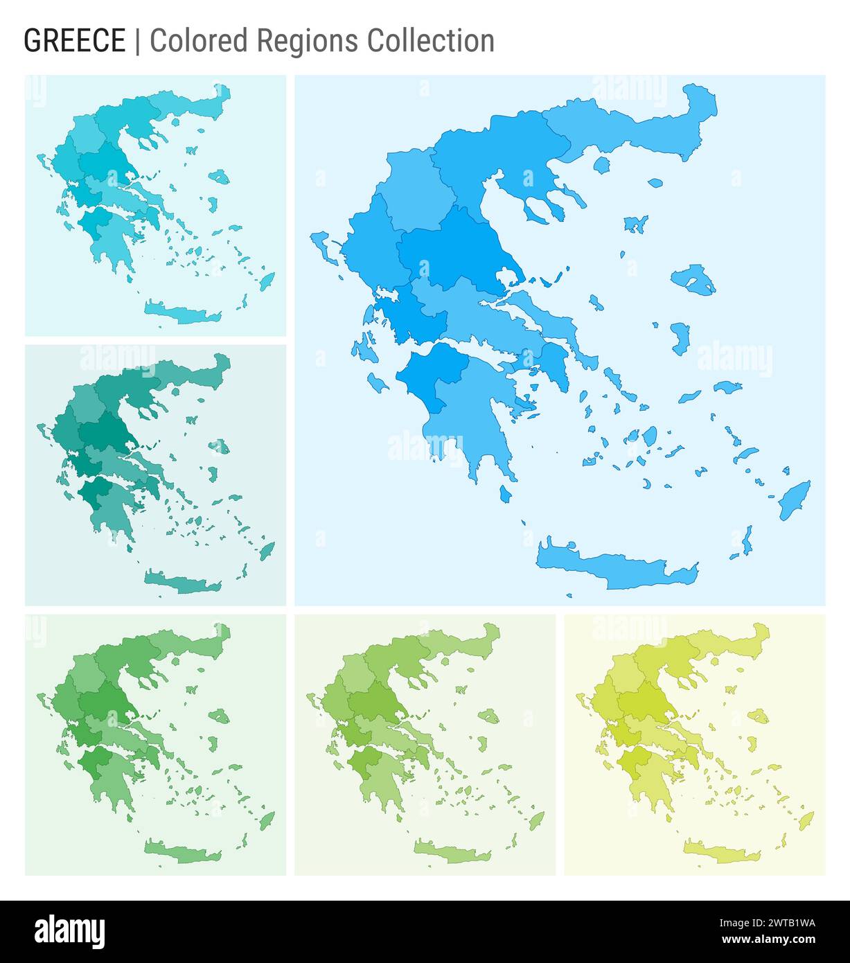 Greece map collection. Country shape with colored regions. Light Blue ...