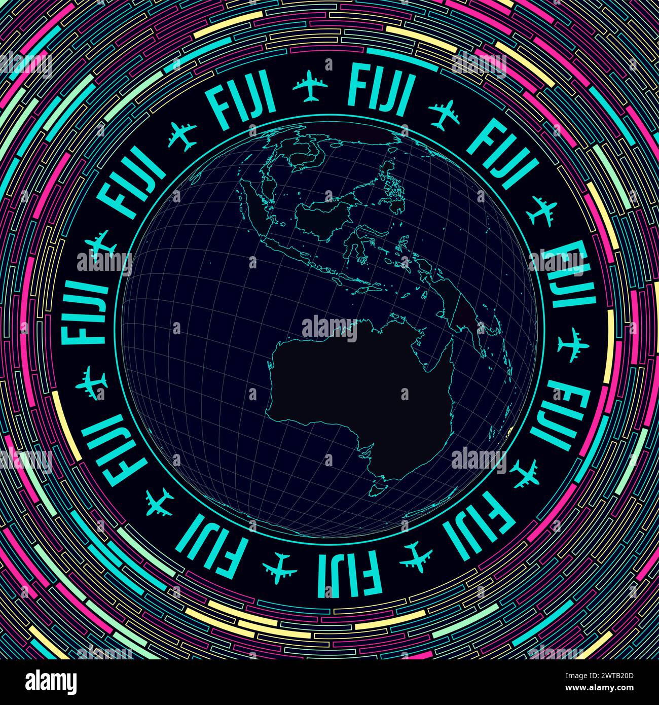 Fiji on globe. Satelite view of the world centered to Fiji. Bright neon ...