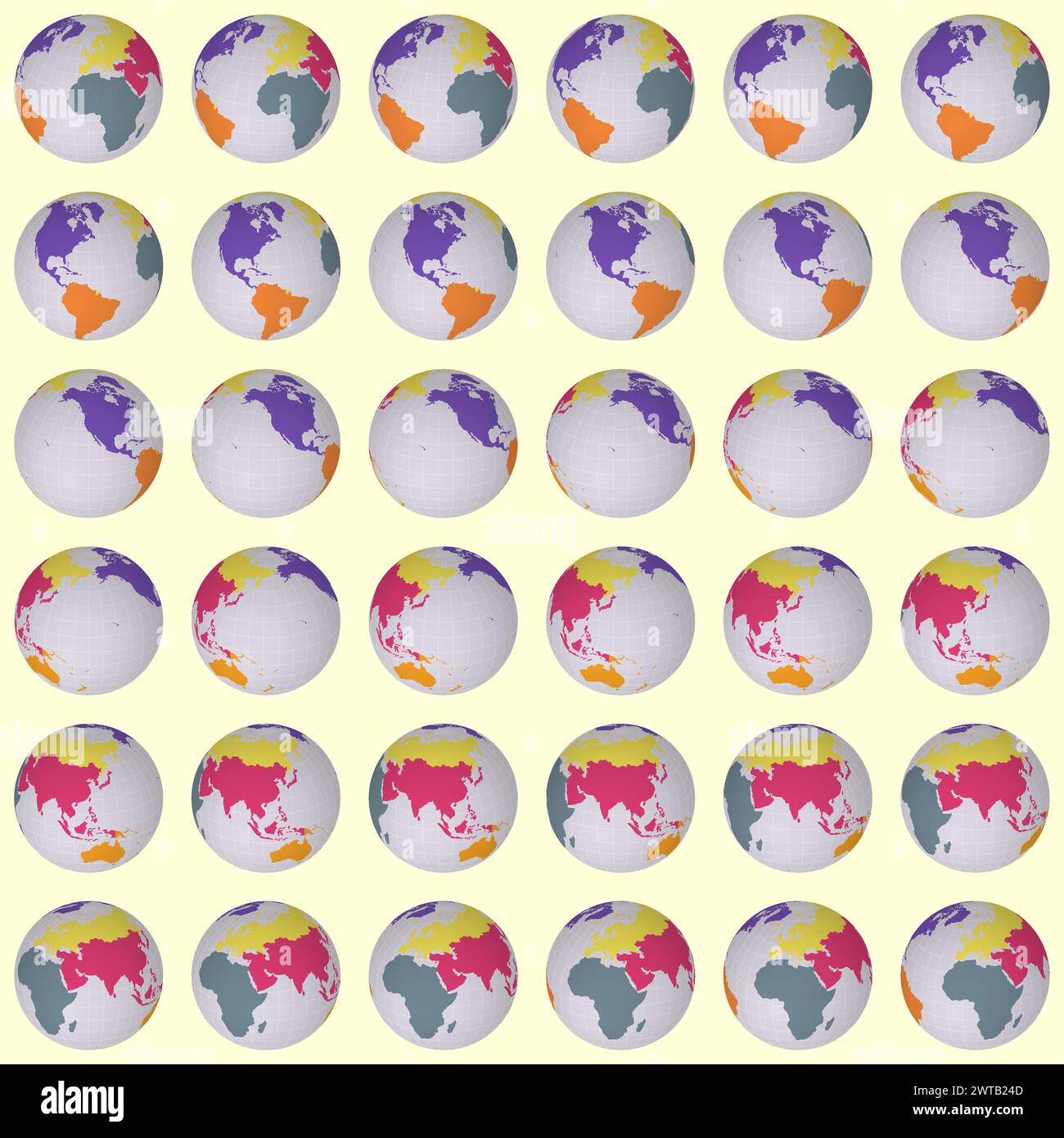 Collection of globes. Slanted sphere view. Rotation step 10 degrees ...